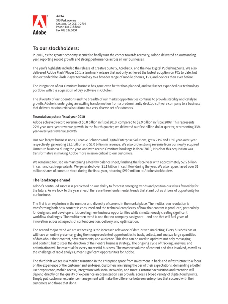 2011 Letter To Stockholders | PDF | Form 10 K | Innovation