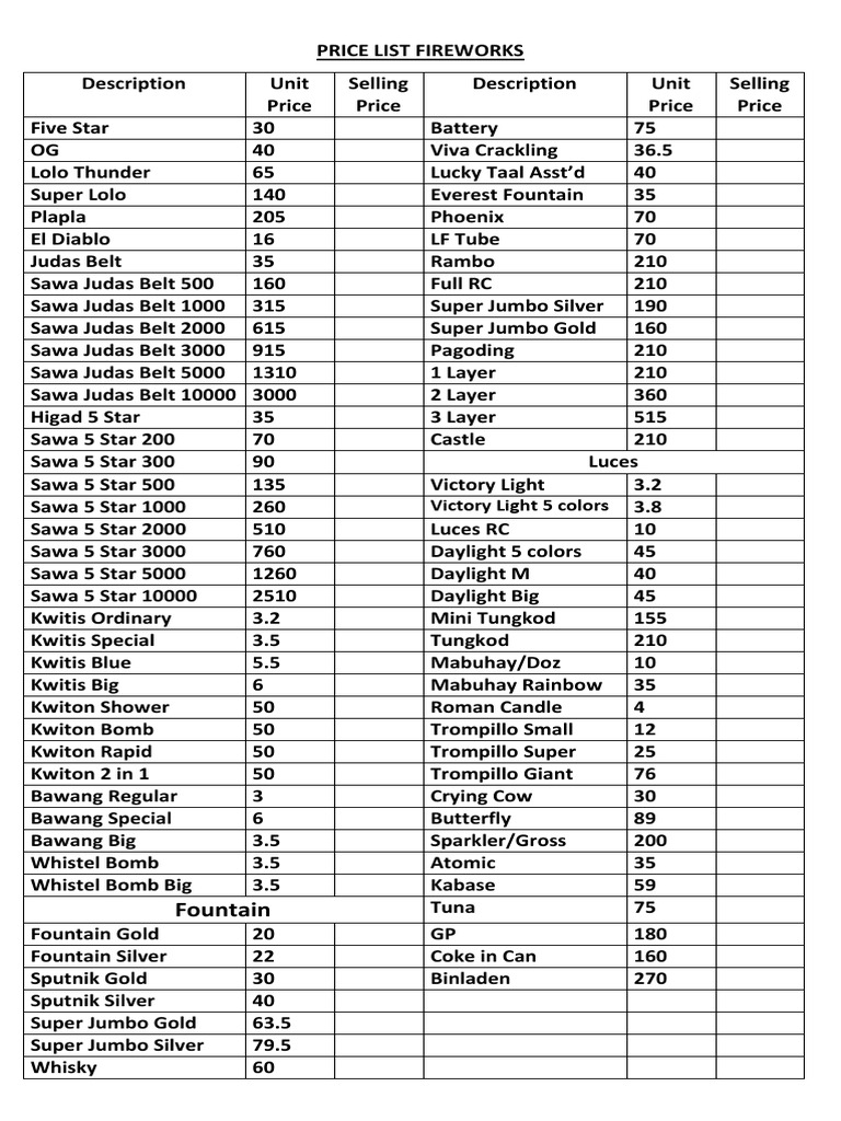 Price List Fireworks | PDF