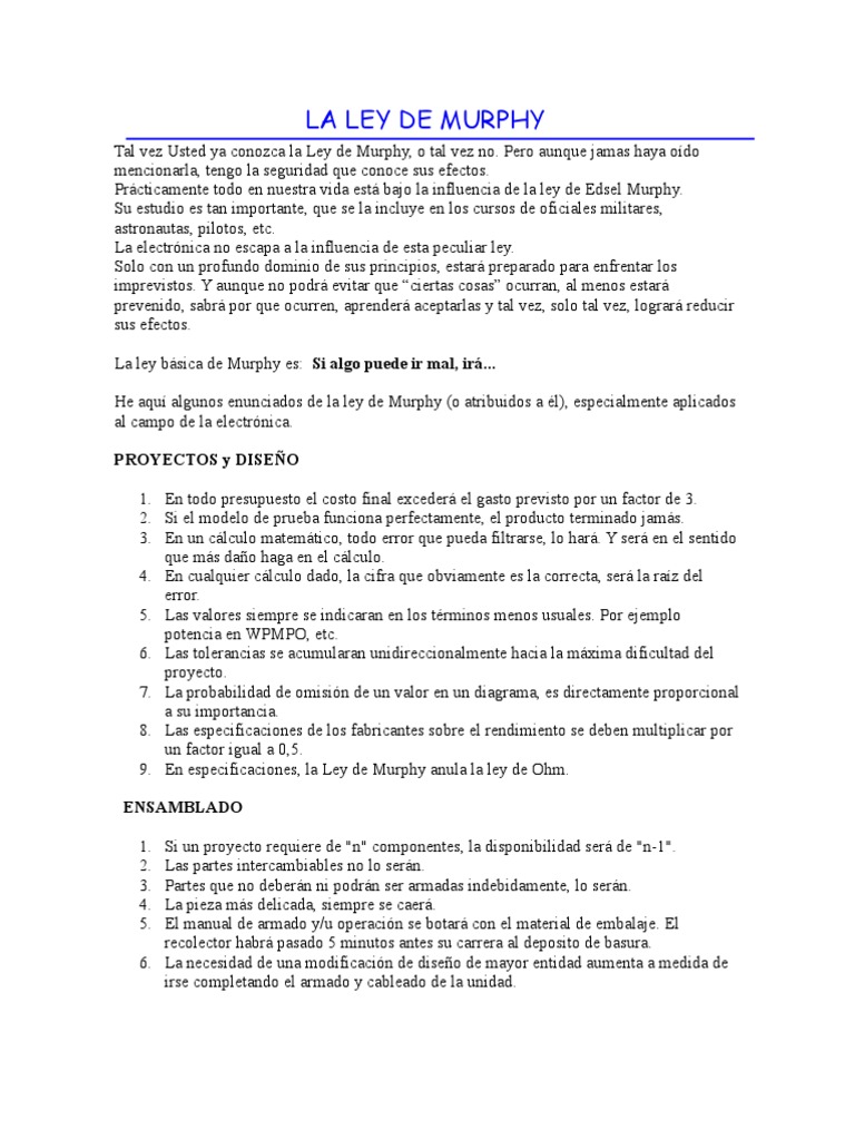 La Ley de Murphy (Murphy's Law) | PDF | Tornillo | Naturaleza