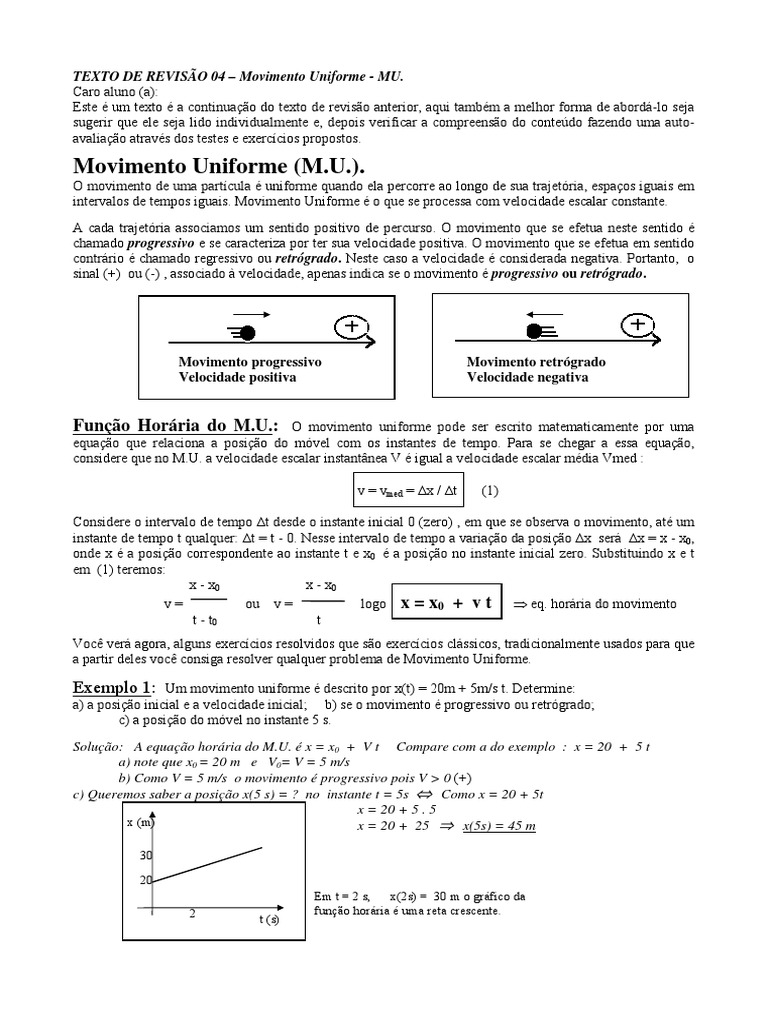 Análise de Conteúdo sobre Movimento Uniforme e Exercícios de Revisão ...