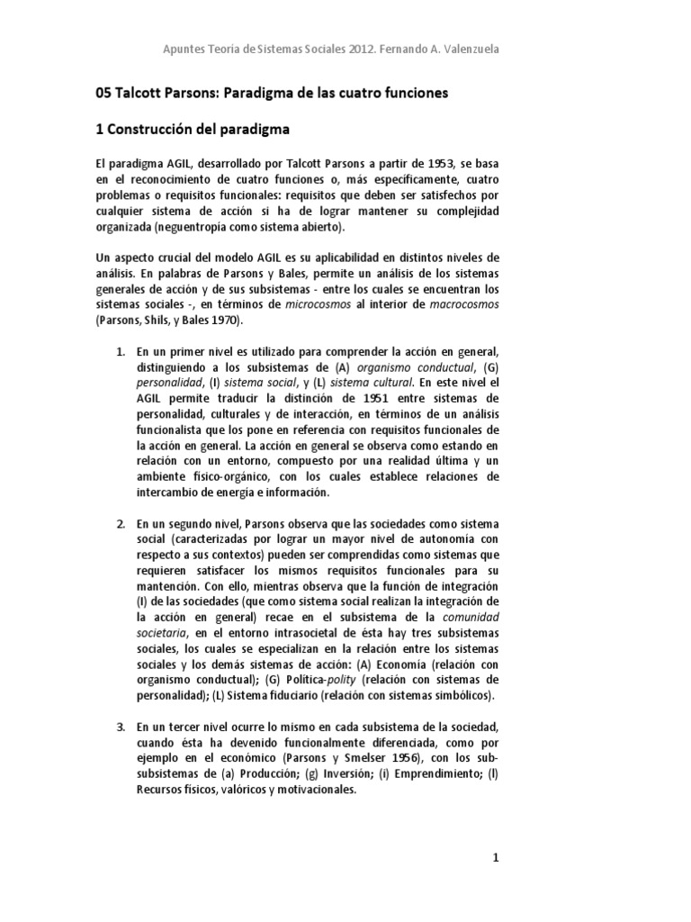 05 Parsons - Paradigma AGIL | PDF | Sociedad | Teorías sociológicas