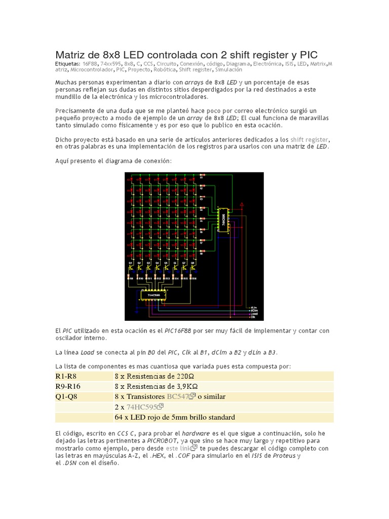 Control de matriz LED 8x8 con PIC16F88 y registros de desplazamiento 74HC595 | PDF ...