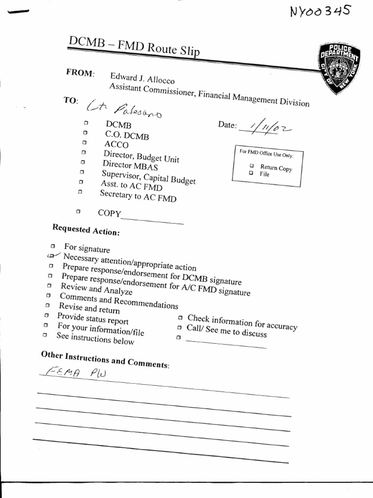 NY B53 NYPD DCMB-FMD Route Slip FDR - Entire Contents - Funding Request For ESU Vehicle Asbestos ...