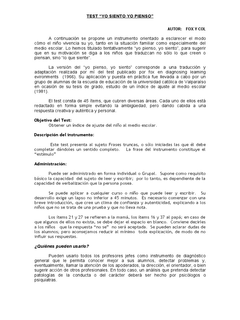 Test Yo Pienso, Yo Siento | PDF | Diagnostico medico | Sicología
