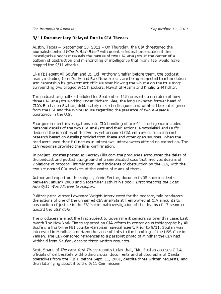 CIA Threats Delay 9/11 Documentary Release | PDF | September 11 Attacks ...