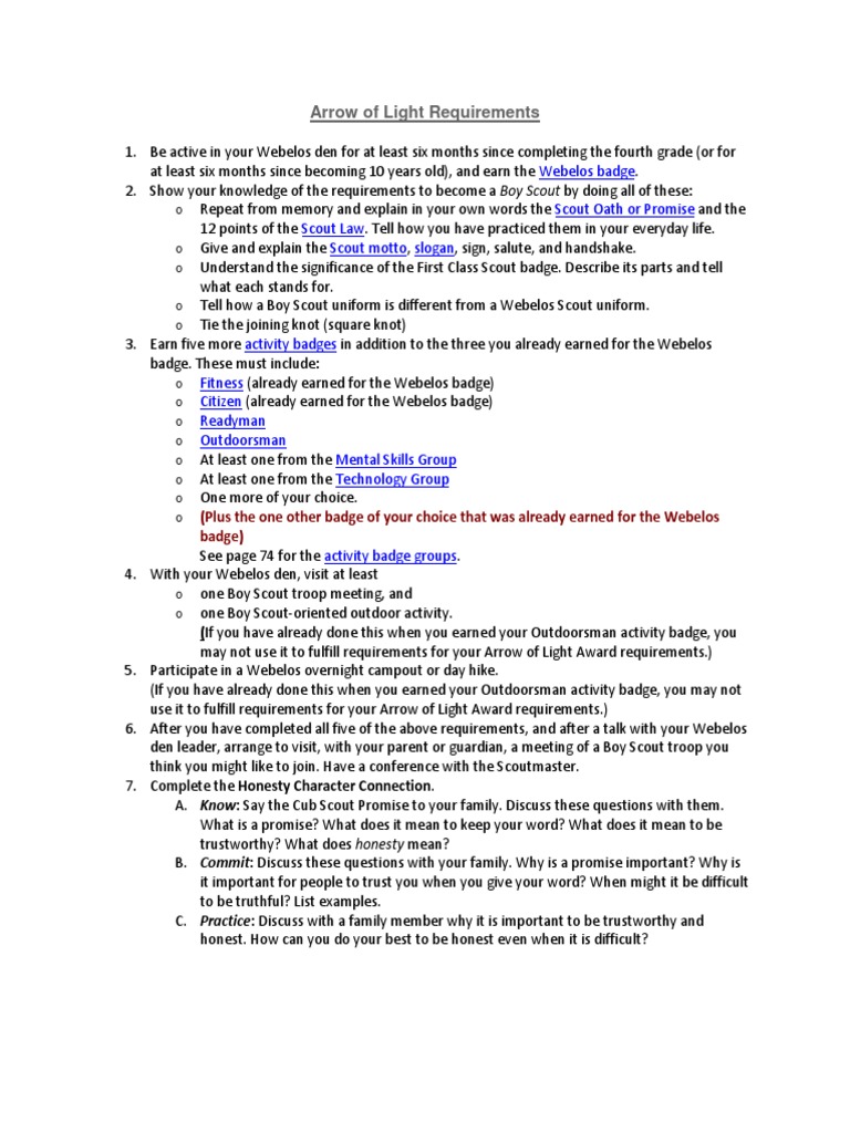 Arrow of Light Requirements | PDF | Scouting | Youth Organizations