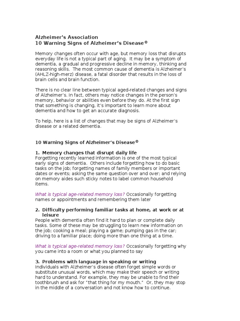 Alzheimer's Association 10 Warning Signs of Alzheimer's Disease | PDF ...