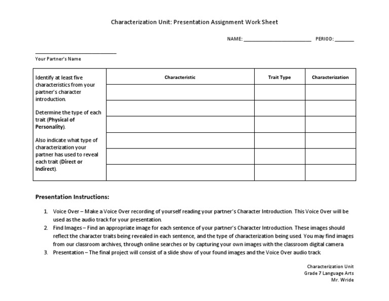 Characterization Presentation Worksheet | PDF