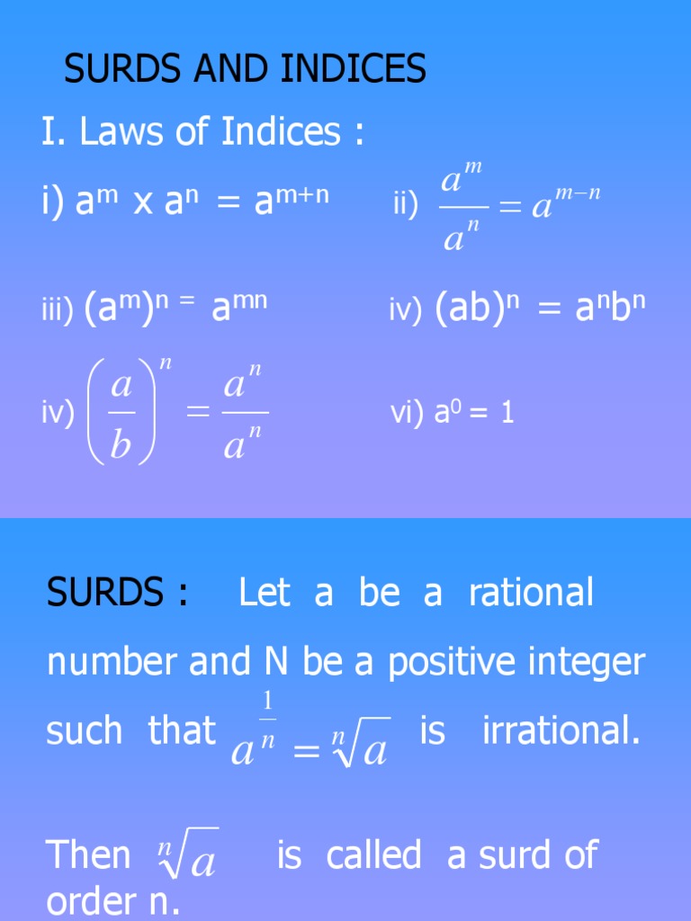Surds and Indices: I. Laws of Indices: I) A Xa A (A) A (Ab) A B | PDF