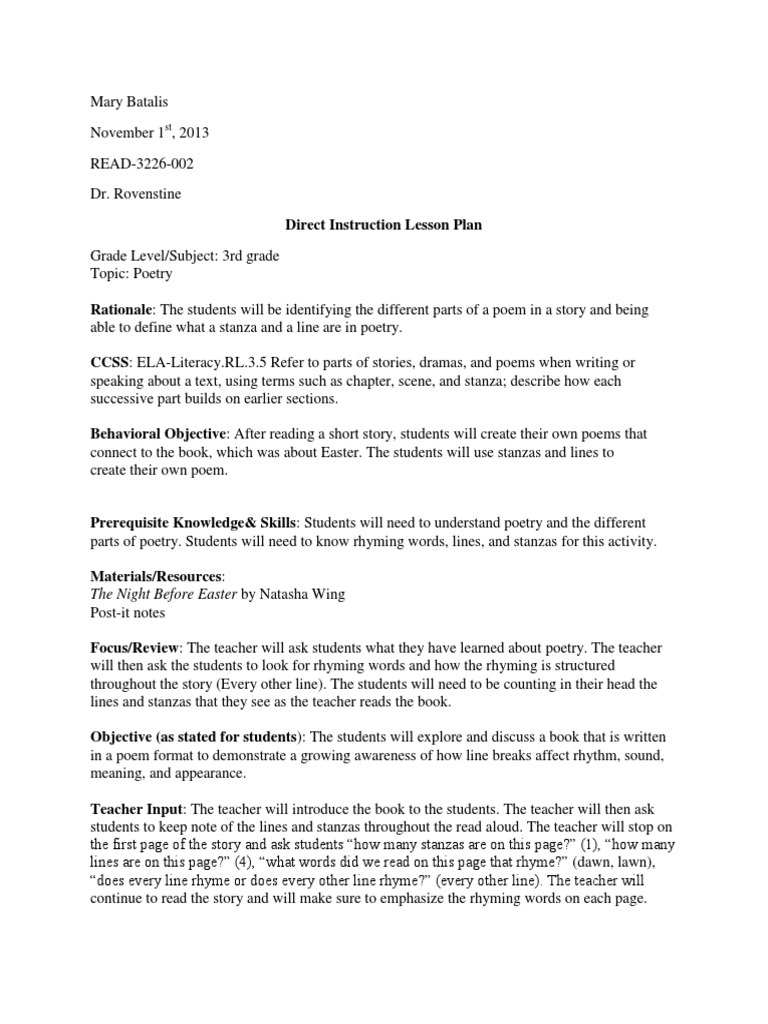 Direct Instruction Lesson Plan | PDF | Poetry | Lesson Plan