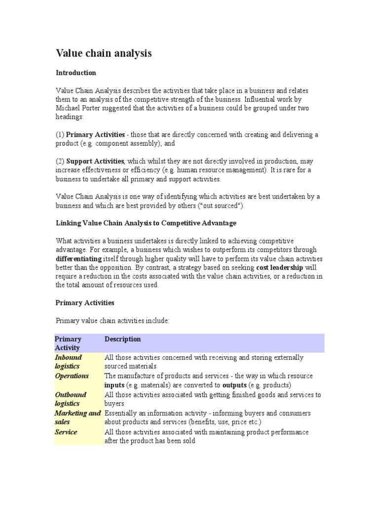 Value Chain Analysis | PDF | Value Chain | Competitive Advantage