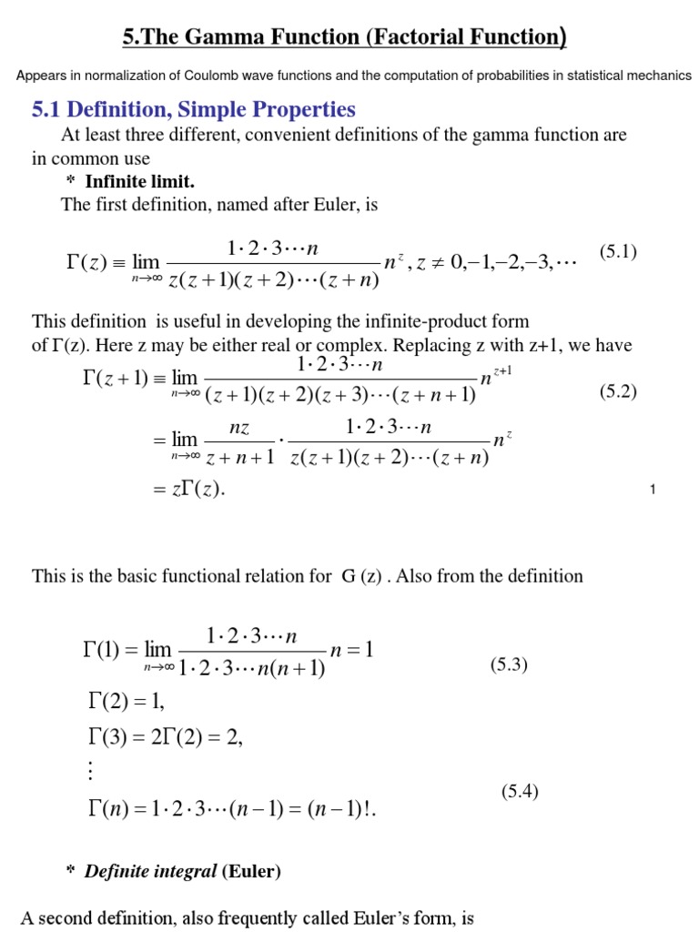 5.the Gamma Function (Factorial Function) : 5.1 Definition, Simple Properties | PDF | Integer ...