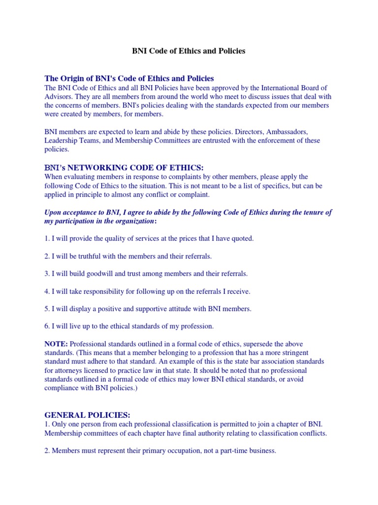 BNI Code of Ethics and Policies BNI | PDF | Fee | Profession