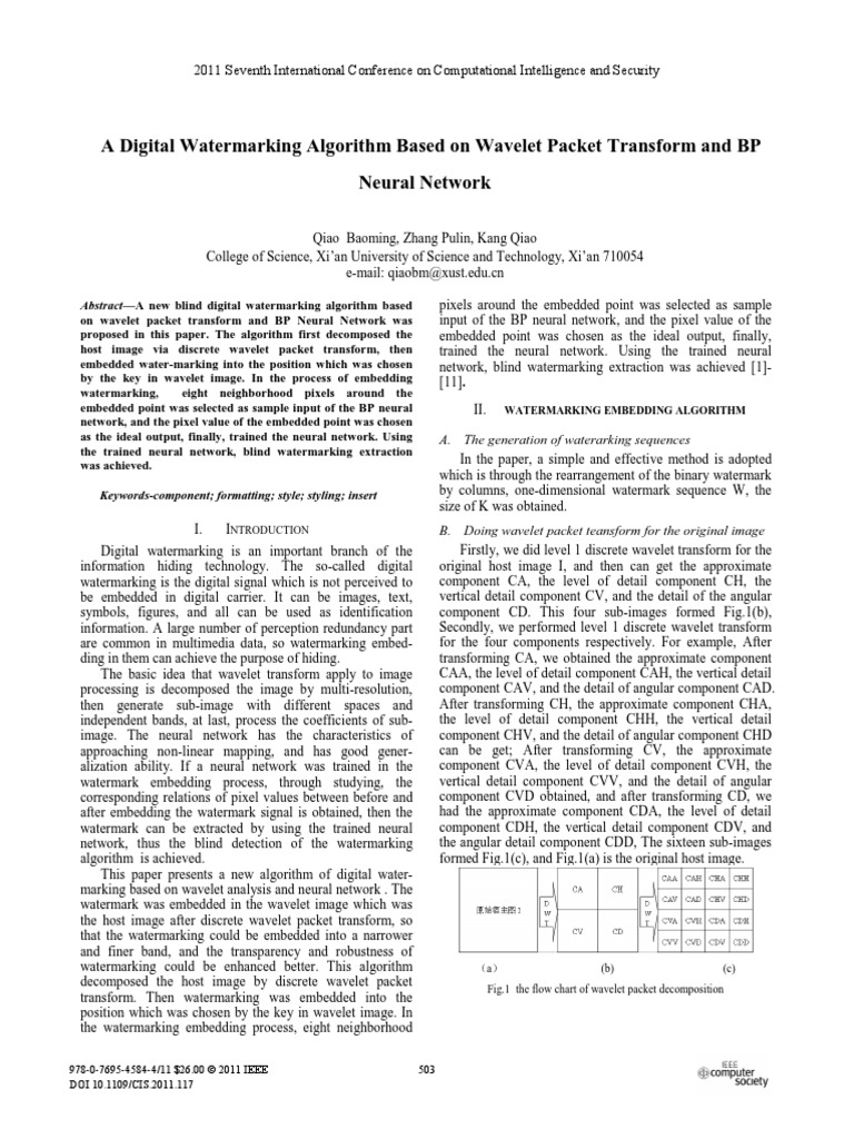 A Digital Watermarking Algorithm Based On Wavelet Packet Transform and BP Neural Network | PDF ...