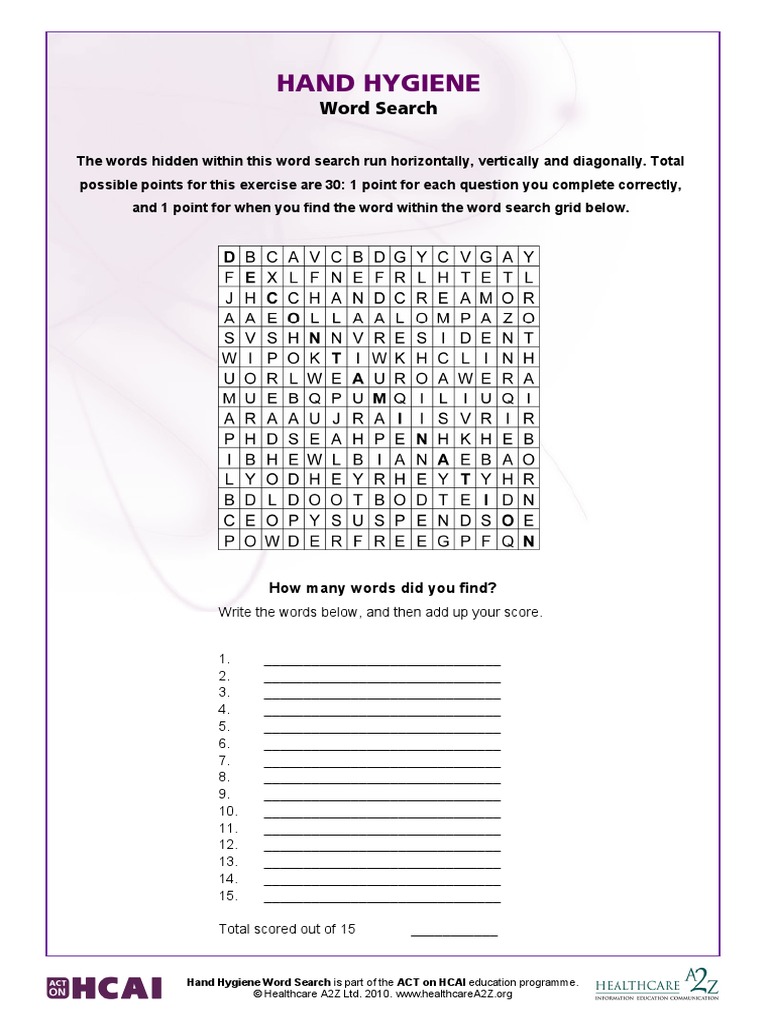 Wordsearch | PDF | Hand Washing | Hygiene