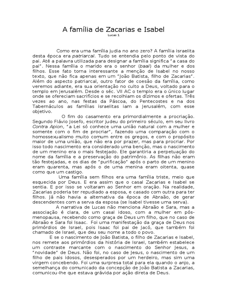 A Vida Familiar De Zacarias E Isabel No Século I D C Desafios