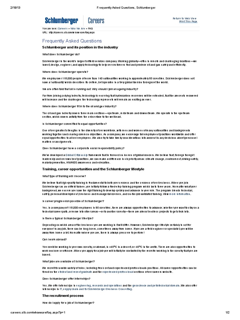 Frequently Asked Questions, Schlumberger | PDF | Faq | Employment