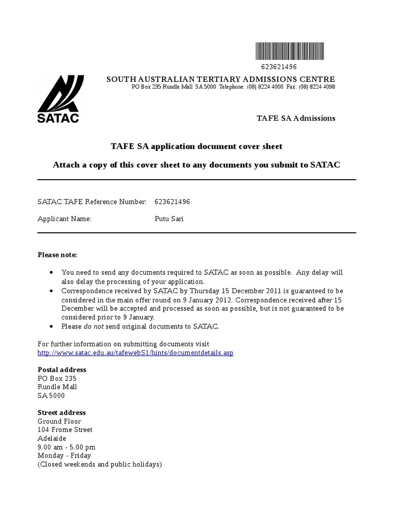TAFE SA Application Cover Sheet | PDF