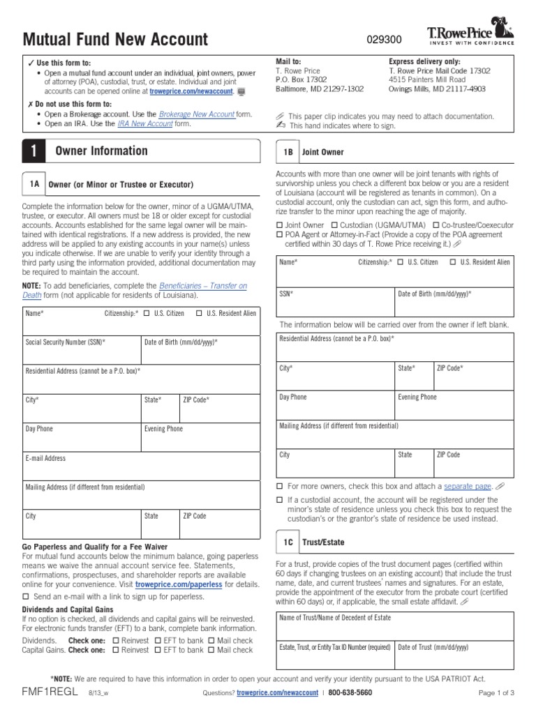 TRP Mutual Fund New Account Form | PDF | Cost Basis | Cheque
