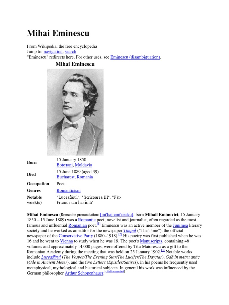 The Life and Works of Romanian Poet Mihai Eminescu | PDF | Poetry | Science