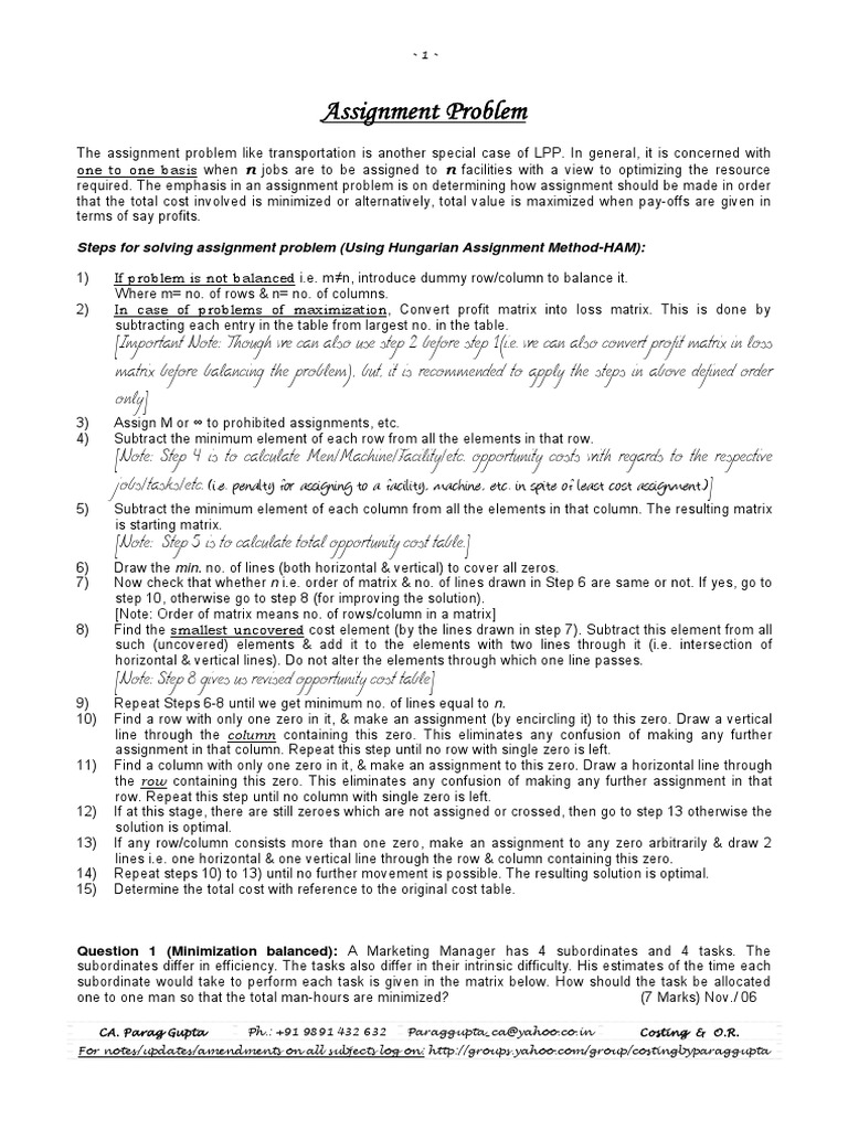 Assignment Problem | PDF | Matrix (Mathematics) | Mathematical Optimization