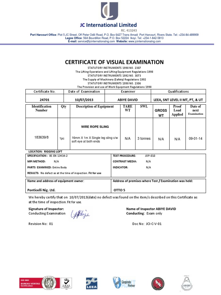 Certificate of Visual Examination: International Limited | PDF | Test ...
