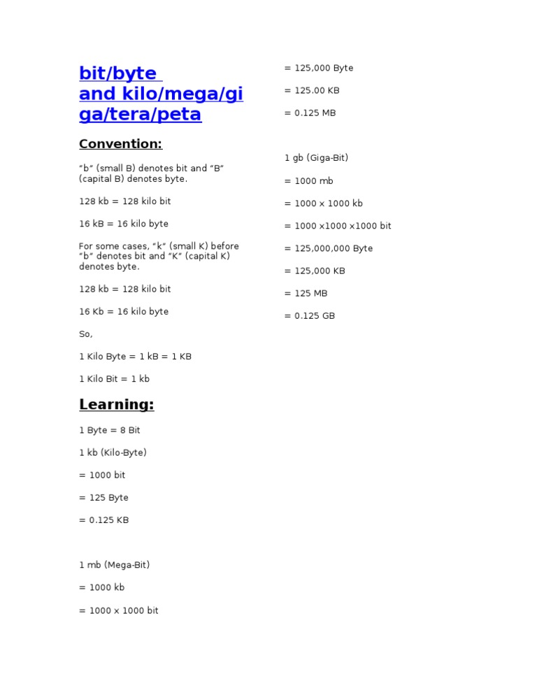 Bit Byte and Kilo Mega Giga Tera Peta | PDF
