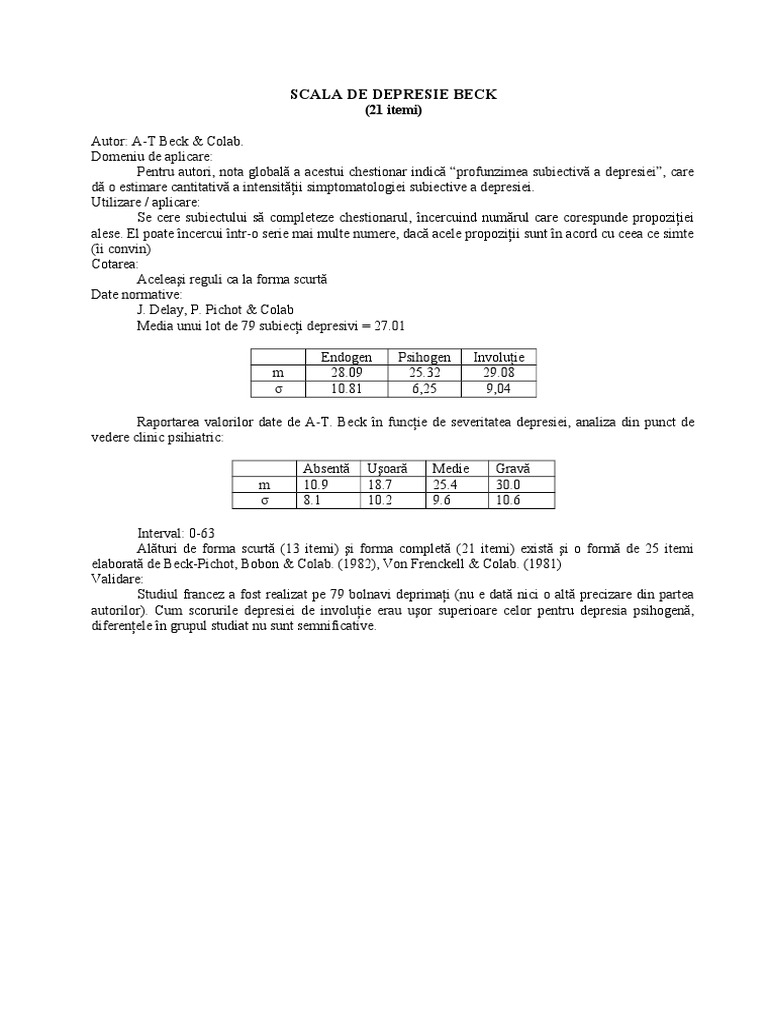 Scala de Depresie Beck | PDF