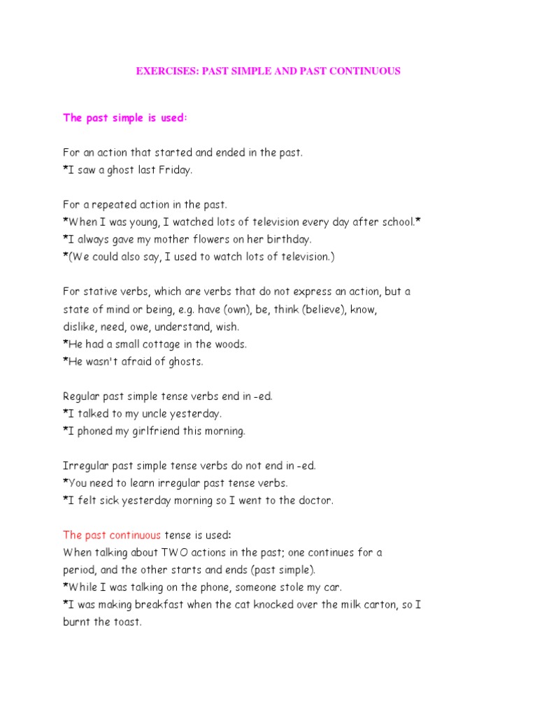 Past Simple vs. Past Continuous Exercises | PDF | Grammatical Tense | Verb