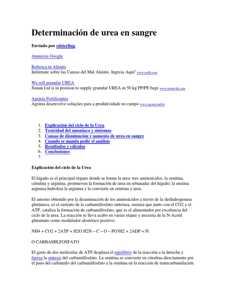 Determinación de Urea en Sangre | PDF | Orina | Especialidades Medicas