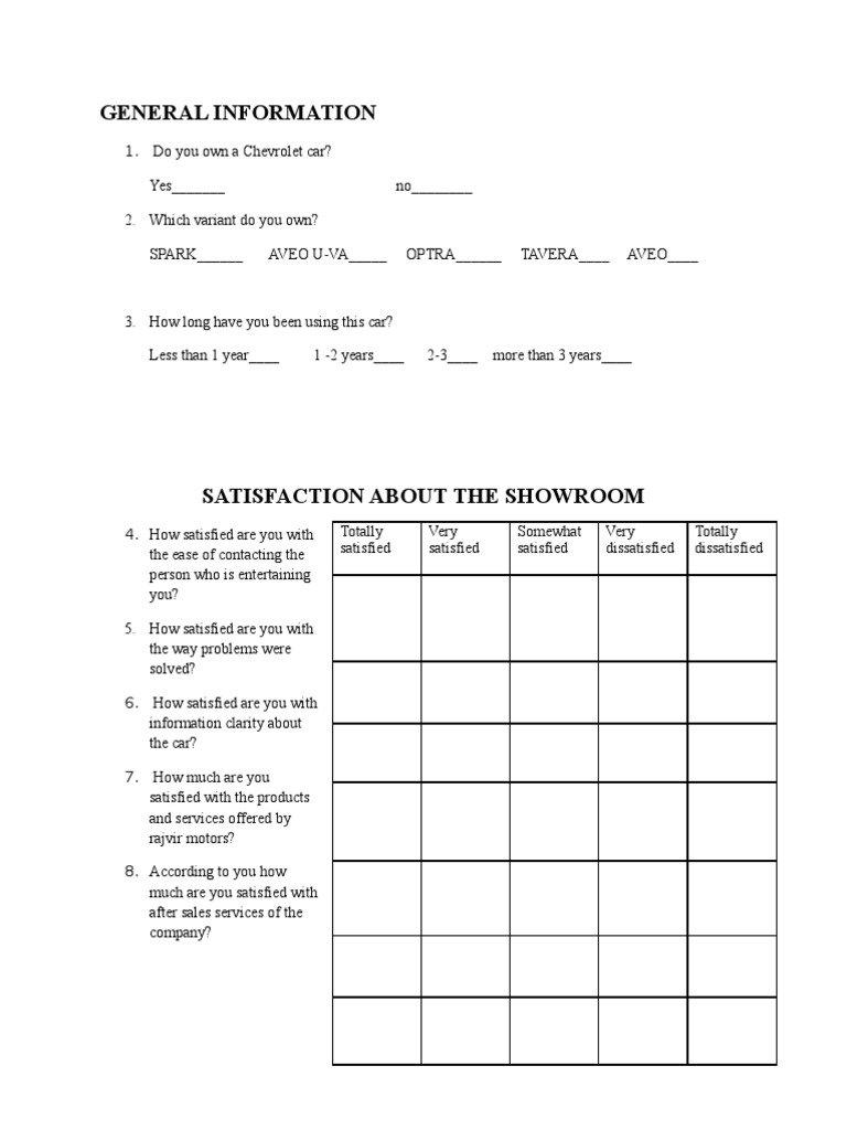 Sample Questionnaire | PDF | Car | Chevrolet