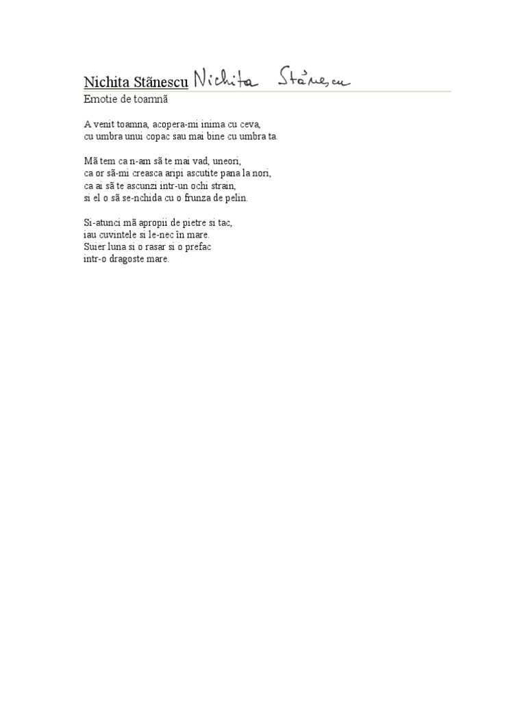 Nichita Stanescu - Emotie de Toamna | PDF