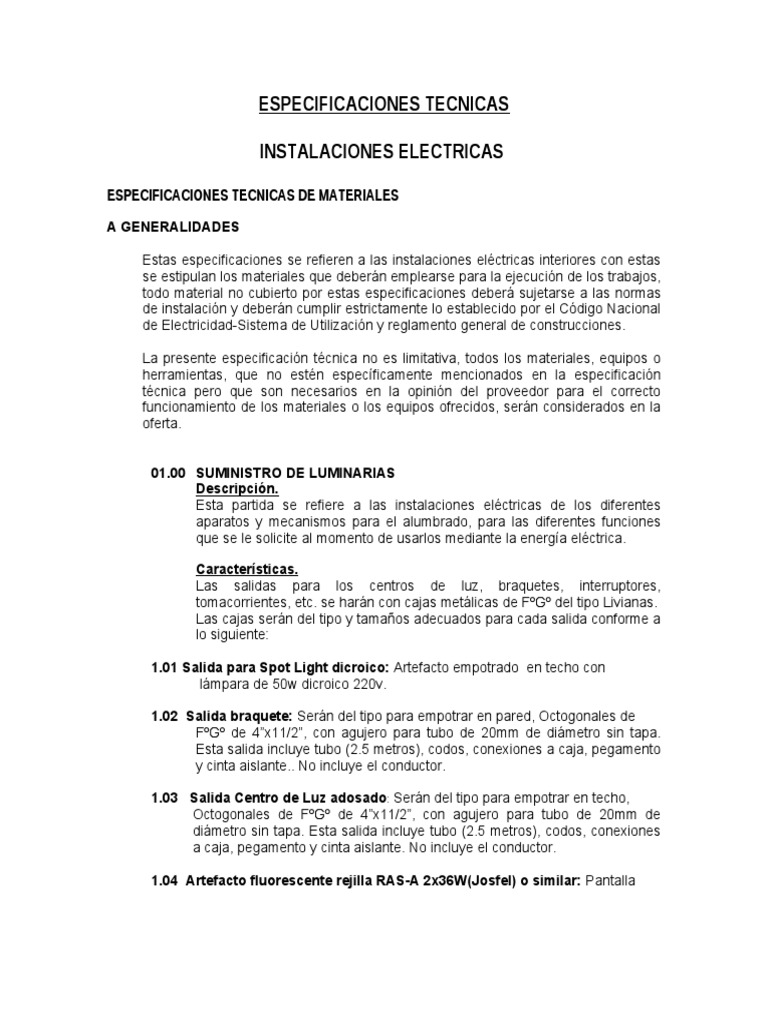 Especificaciones Tecnicas de Instalaciones Electricas | PDF | Electromagnetismo | Materiales