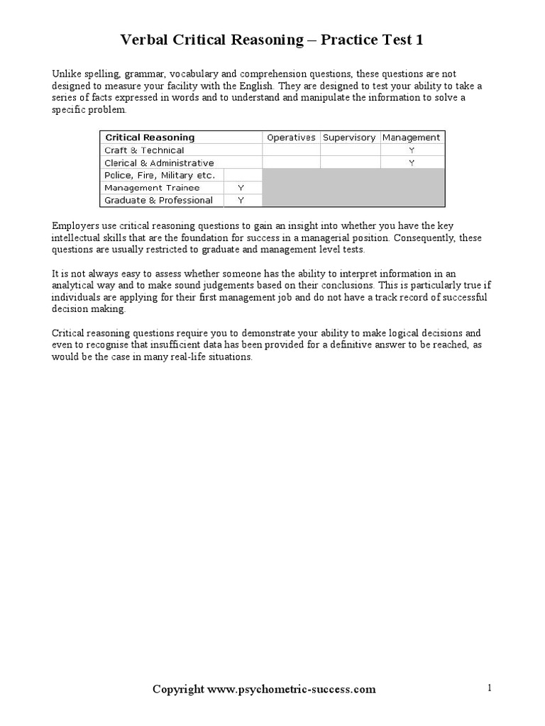 Verbal Critical Reasoning - Practice Test 1 | PDF | Business