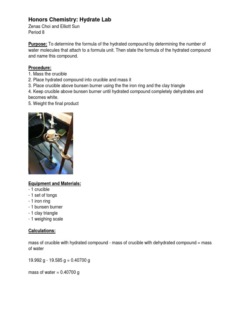 Hydrate Lab: Determining Water Ratio | PDF | Mole (Unit) | Percentage