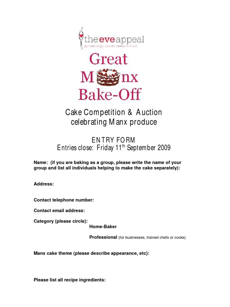 Great Manx Bake-Off Entry Form & Guidelines | PDF | Foods | Refrigeration