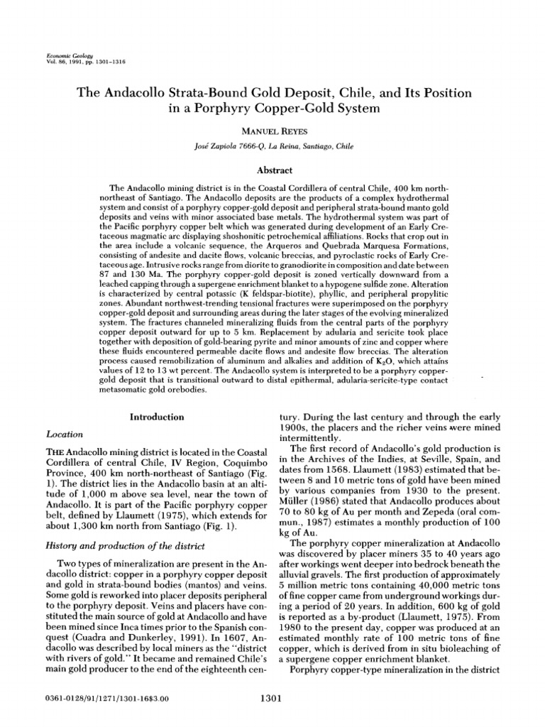 The Andacollo Strata-Bound Gold Deposit, Chile, and Its Position in A ...