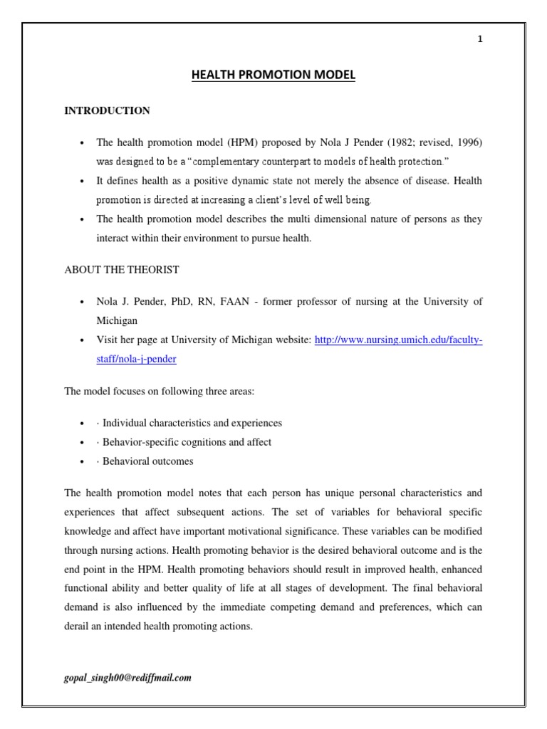 Health Promotion Model | PDF | Affect (Psychology) | Self Efficacy