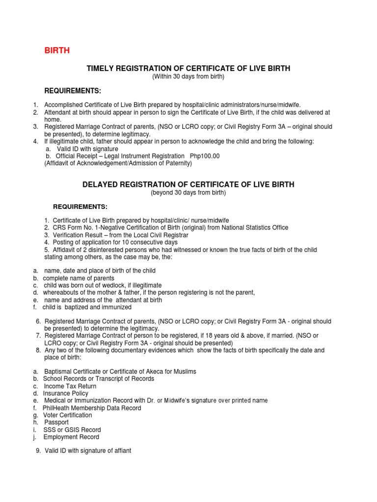 Requirements For Registration | PDF | Legitimacy (Family Law) | Birth Certificate