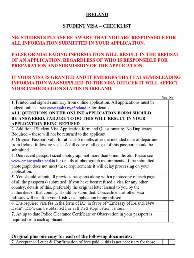 Ireland Student Visa - Checklist: WWW - Embassyofireland.in | PDF ...
