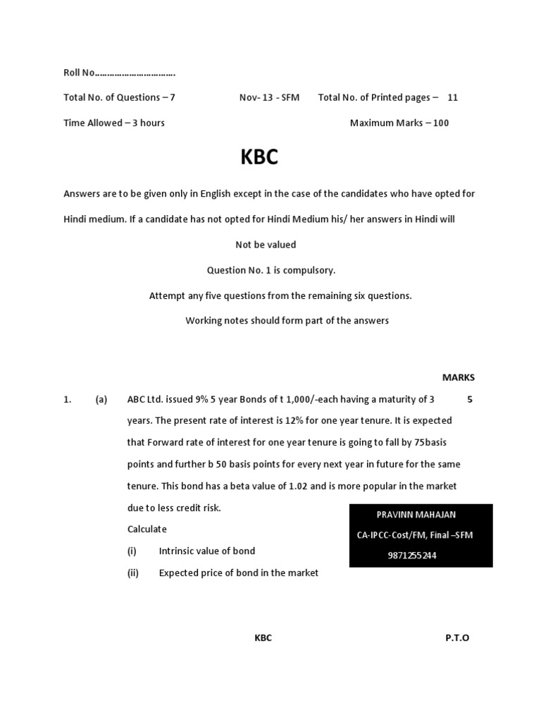 Ca-Final SFM Question Paper Nov 13 | PDF | Option (Finance) | Euro