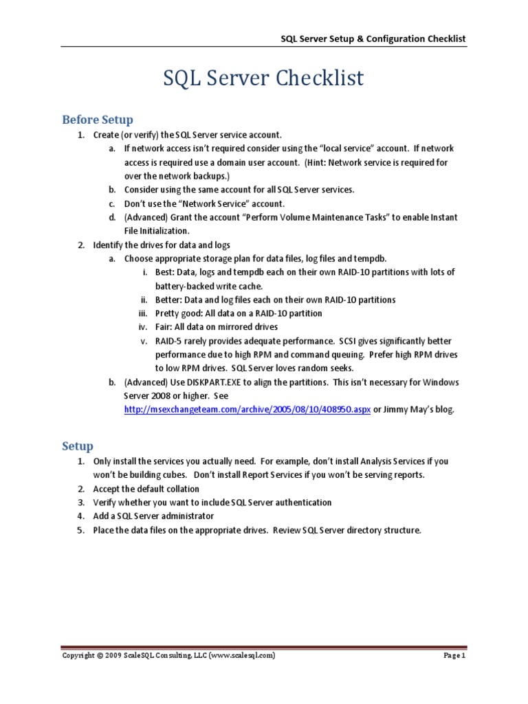 Sql Server Checklist Pdf Microsoft Sql Server Databases