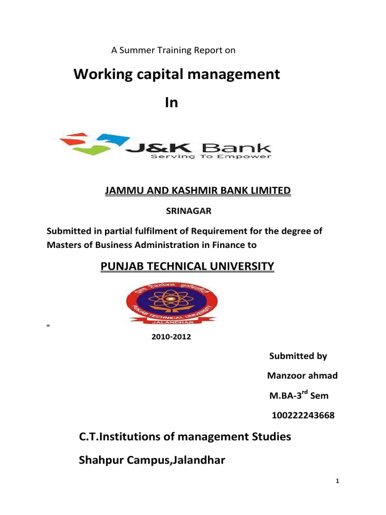 New Project of J&K Bank | PDF | Working Capital | Banks