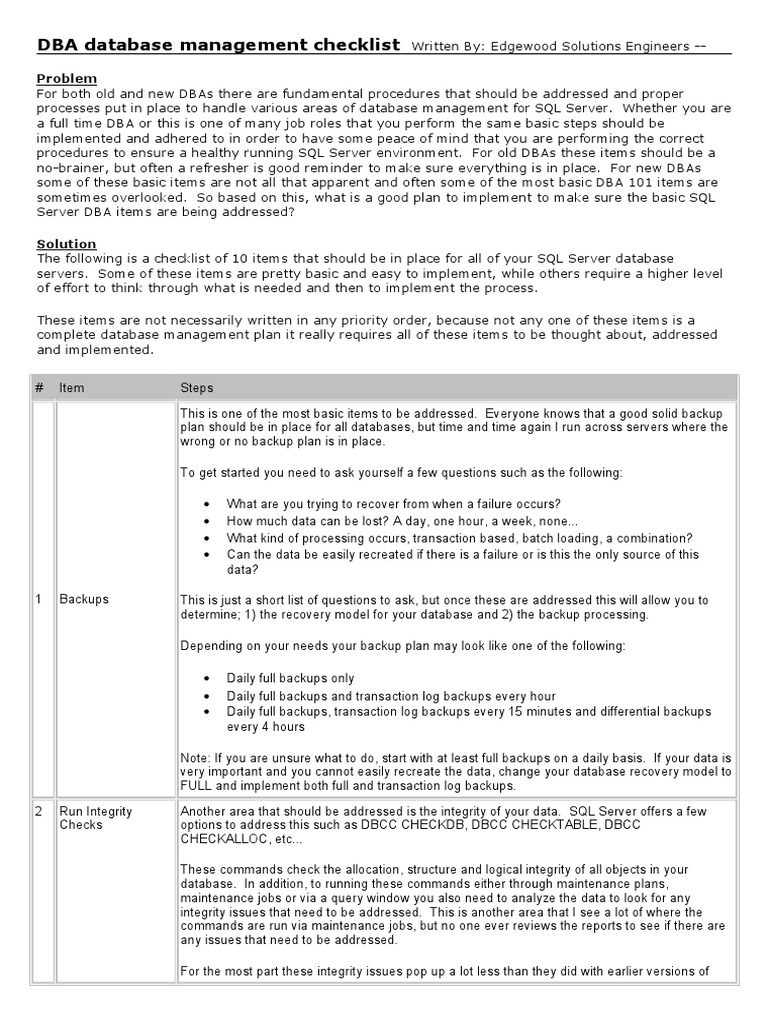 DBA Database Management Checklist Written by | Download Free PDF ...