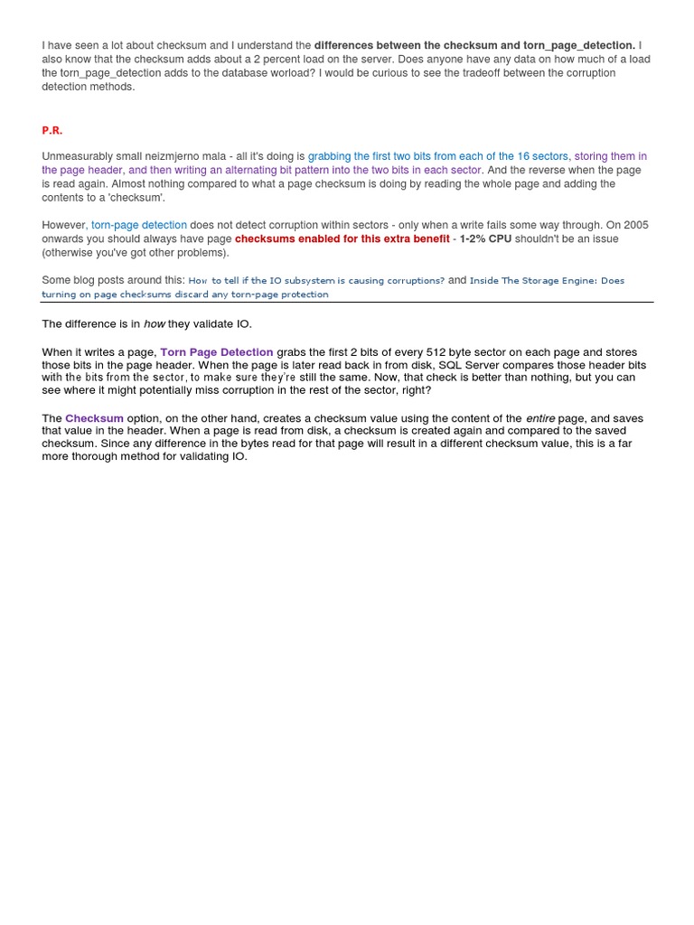 Differences Between The Checksum and Torn - Page - Detection. | PDF