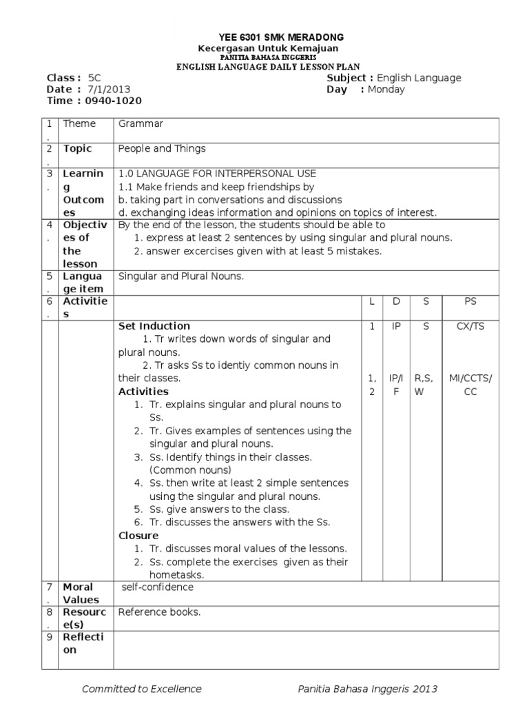 Contoh Rancangan Pengajaran Harian Bahasa Inggeris T5 | PDF