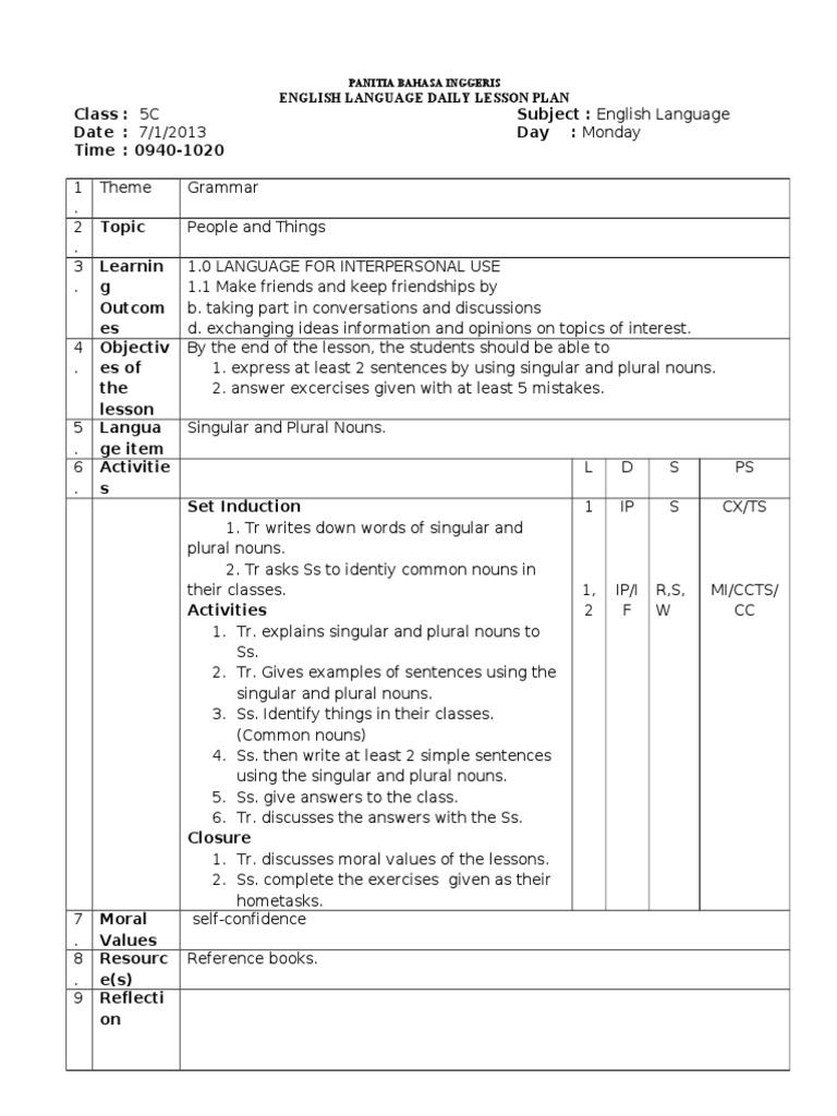 Form 5 English Lesson Plans | PDF | Plural | Grammatical Number