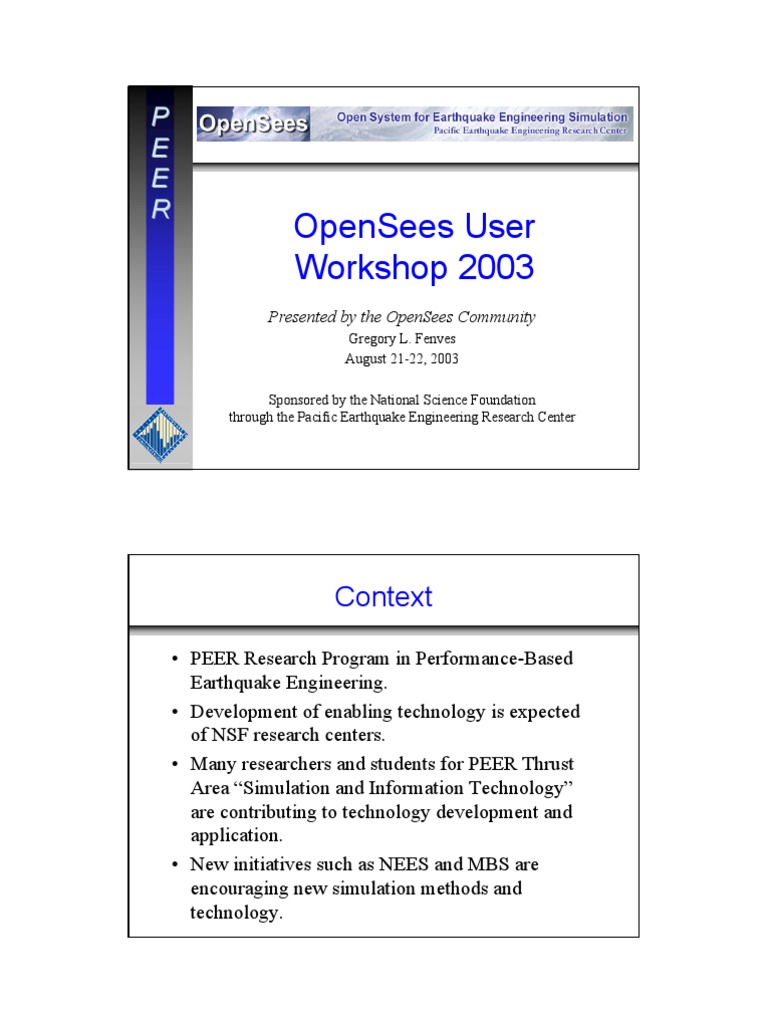 Opensees User Workshop 2003: P E E R | PDF | Software Framework | Simulation