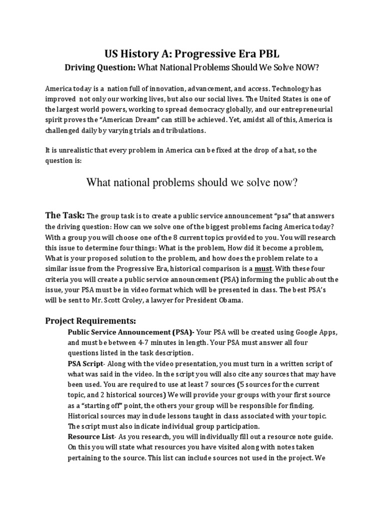 Progressive Era PBL Directions Sheet | PDF | Project Based Learning ...