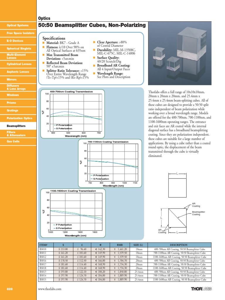 Beam Splitter Catalogue - Thorlabs | PDF | Optics | Lens (Optics)